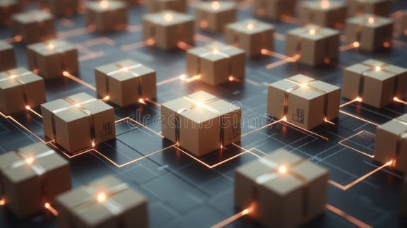 Network of Glowing Cardboard Boxes on Dark Grid Background Stock ...