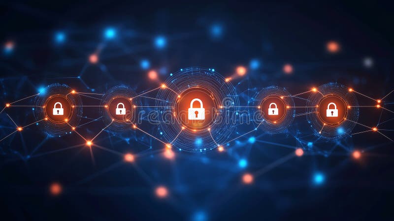 Network of Glowing Lock Icons Connected through a Digital Interface ...