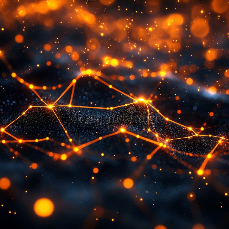 Network of Glowing Orange Nodes on Dark Surface Illuminating with a ...
