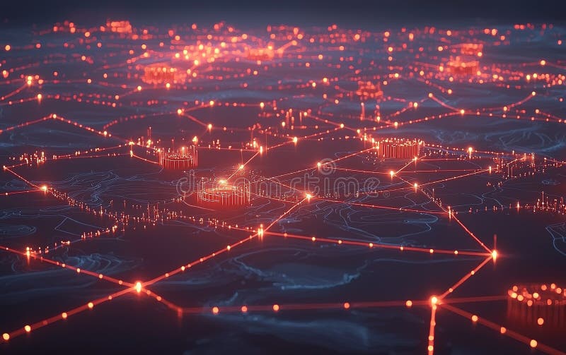 A Network of Glowing Red Connections Over a Dark Landscape Illustrating ...