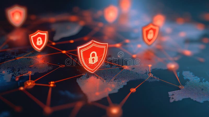 A Network of Glowing Security Shields Connected Across Digital Map ...