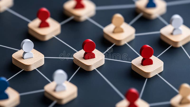 Network Grid of Diverse Human Avatars on Wooden Blocks Interconnected ...