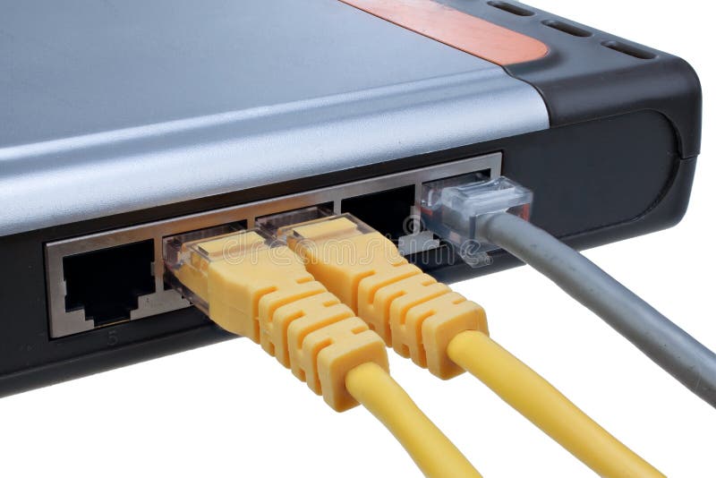 Network Hub with Plugged Ethernet Cables LAN Isolated on White ...