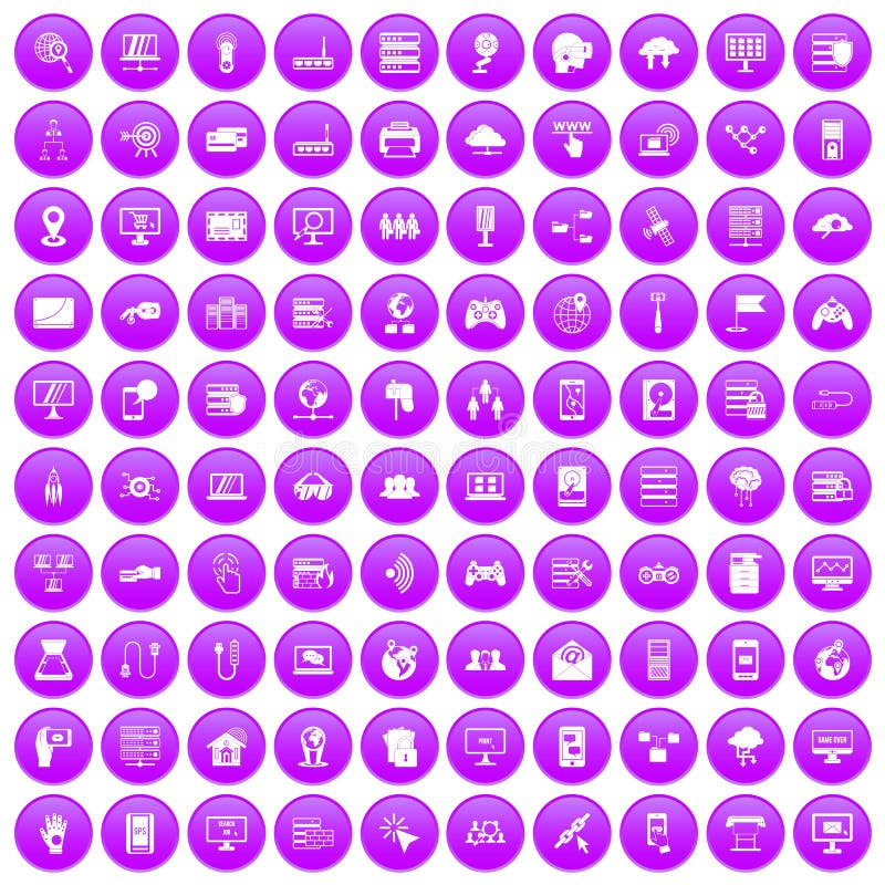 100 Network Icons Set Purple Stock Vector - Illustration of printing ...