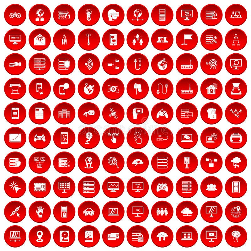 100 network icons set red stock vector. Illustration of message - 96663351