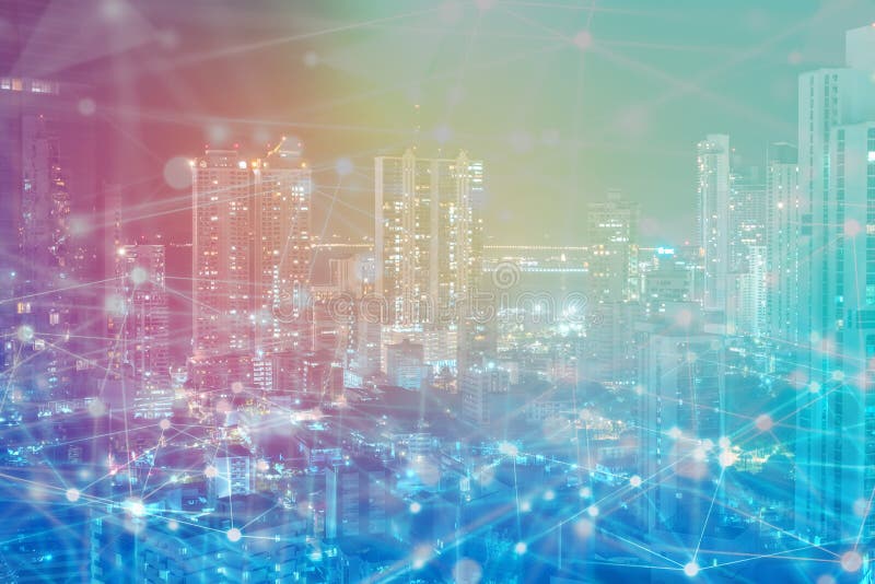 Network Illustration on City Skyline - Modern Technoloy Concept Graphic ...