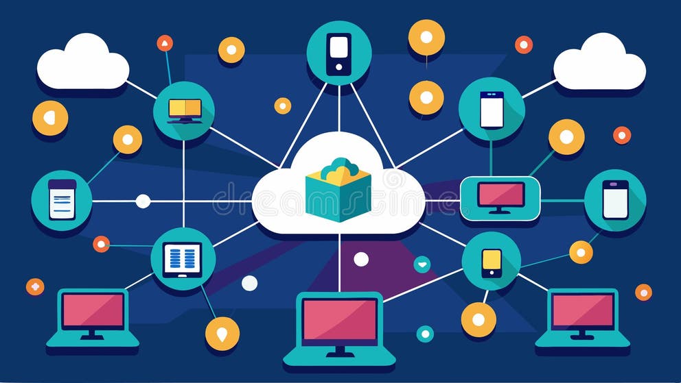 A Network of Interconnected Devices Floating in a Sea of Binary Code Clouds Constantly Receiving ...