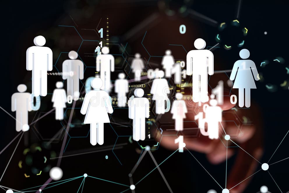 Network with Interconnected Human Figures and Binary Numbers. Web, Social Media Stock Photo ...