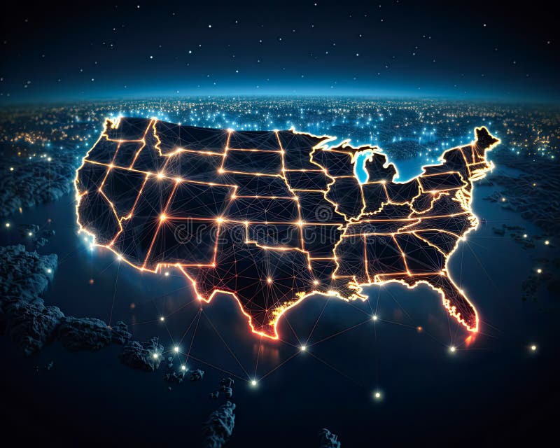Network of Interconnected Light Nodes on a Map of the United States at ...