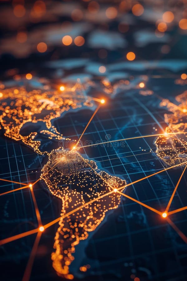 A Network of Interconnected Nodes Glowing Over a World Map Representing ...