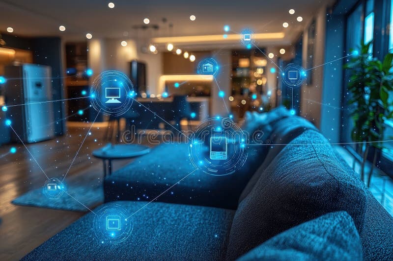 A Network of Interconnected Smart Devices in a Futuristic Home Stock ...