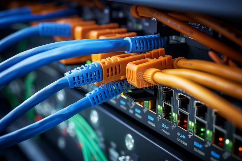 Network LAN Cables Being Plugged into a Network Switch. Generative AI ...