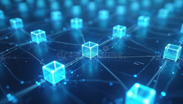 Network of Linked Glowing Blue Boxes. Connection Concept, Data Flow ...
