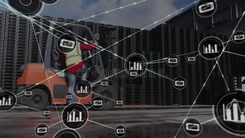 Network of Logistics and Data Processing Animation Over Worker ...