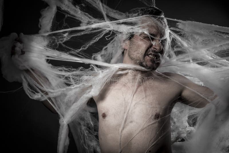 Network. Man Tangled in Huge White Spider Web Stock Photo - Image of ...