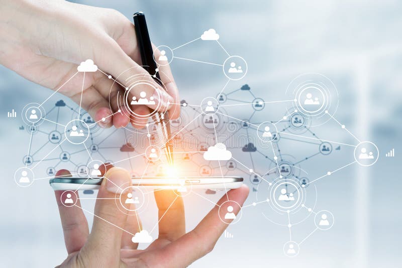 Network with Mobile Phone . Mixed Media Stock Image - Image of server ...