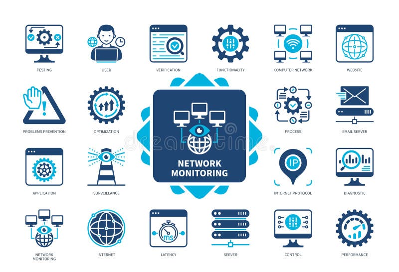 Network Monitoring Solid Icon Set Stock Illustration - Illustration of ...