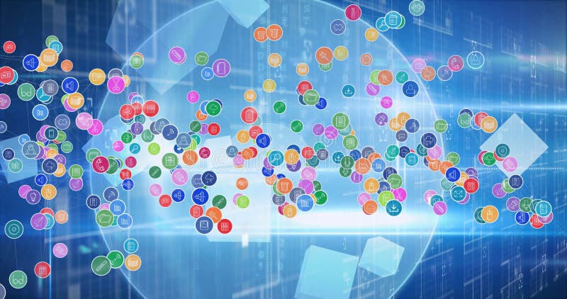 Network of Multiple Digital Icons Over Light Trails and Spots of Light ...