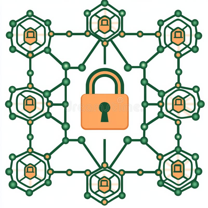 Network Nodes are Connected To a Lock on a Plain White Background Stock ...