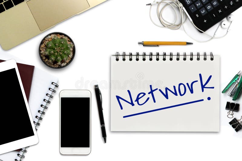 Network on Notepad - White Office Desk with Smartphone with Black ...