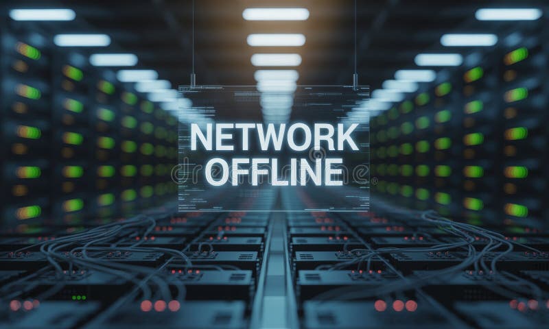 Network Offline Warning Sign in a Modern Data Center with Server Racks ...