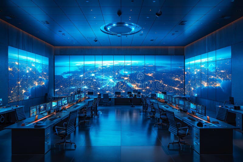 Network Operations Center with Glowing World Maps, Excellent for ...