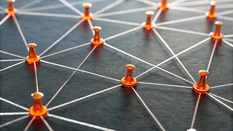 Network of Orange Push Pins Connected by White Strings on a Dark Gray ...