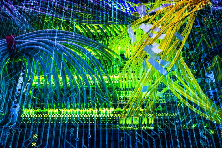Network Panel, Switch and Cable in Data Center with Binary Code and ...