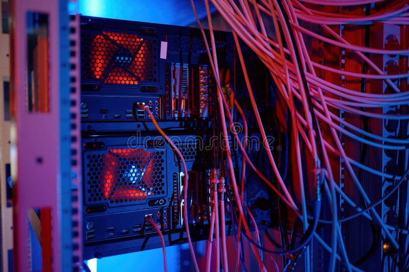 Network Panel, Switch and Cable in Data Center with Neon Light Tone ...