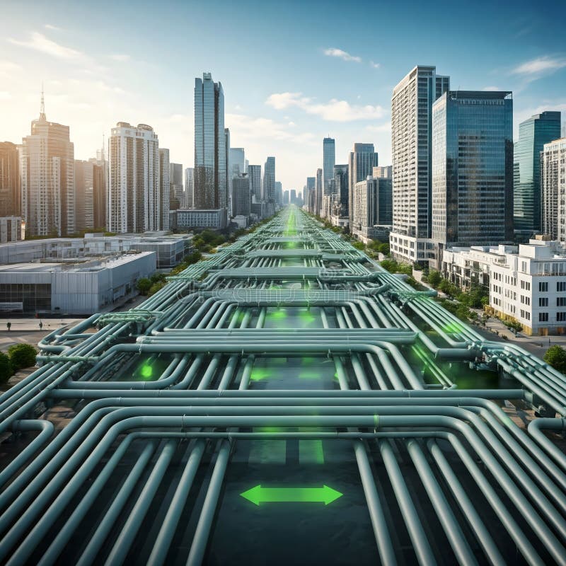 A Network of Pipes Extending Towards a City Skyline, Suggesting ...