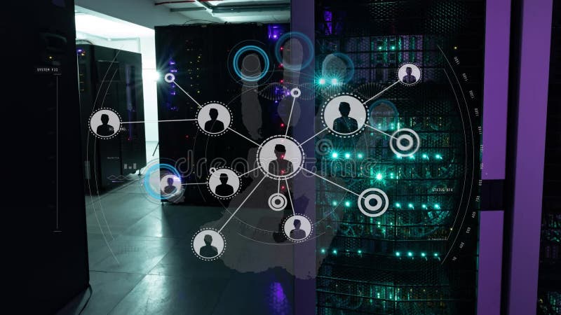 Network of Profile Icons Against Computer Server Room Stock Footage ...
