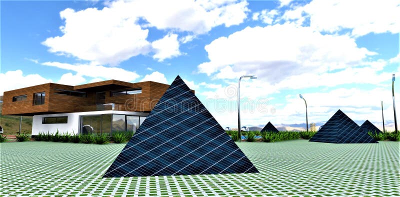 A Network of Pyramids Covered with Solar Cells. Batteries, Controllers ...