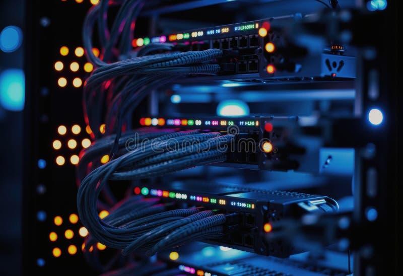 It Network Rack Illuminated by Indicator LEDs and Neatly Routed Patch ...