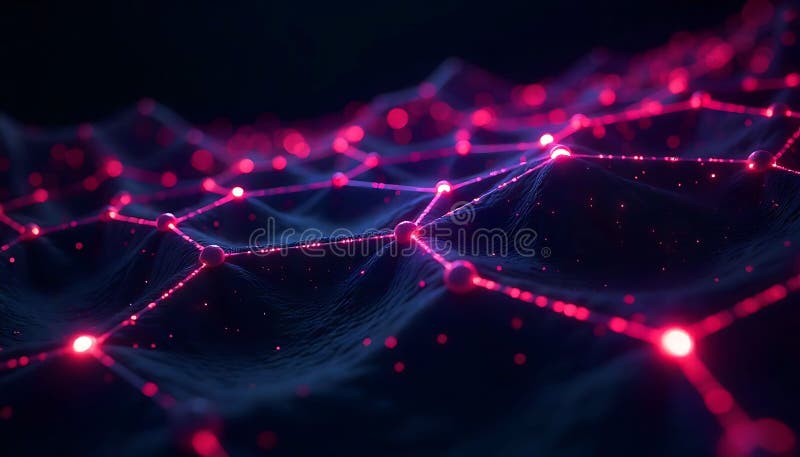 Abstract Network with Red Glowing Nodes Connected by Lines on a Dark ...