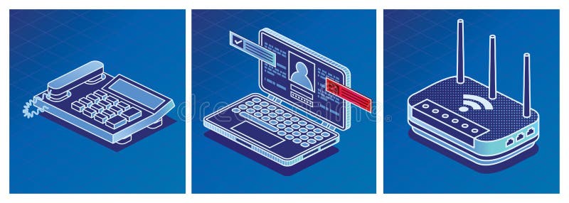 Network Router, Landline Phone and Modern Isometric Laptop Computer ...