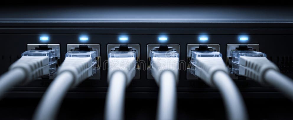 The Network Router with Multiple Connected Ethernet Cables and Illuminated Status Lights. AI ...