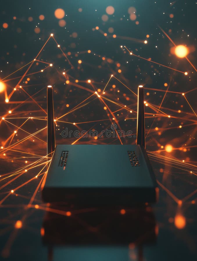 A Network Router Sits at the Center, Surrounded by Abstract Glowing ...