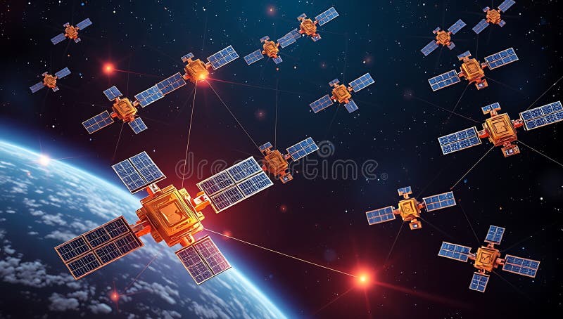 Network of Satellites Orbiting Earth in Space Stock Illustration ...