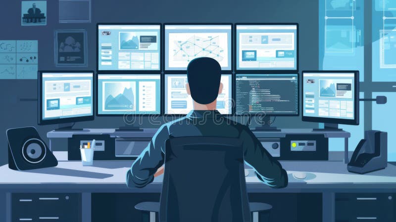Network Security Analyst Monitoring Systems in a Modern Control Room ...