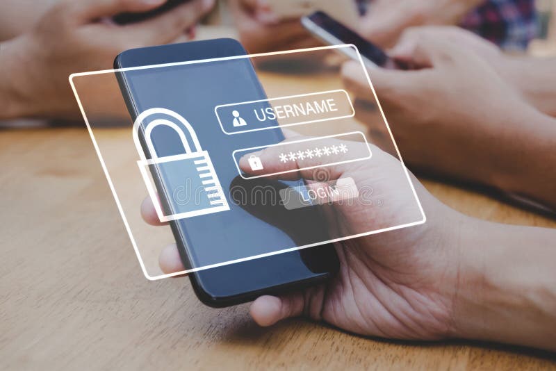 Network Security. Business People Hand Entering Password Code on Mobile ...