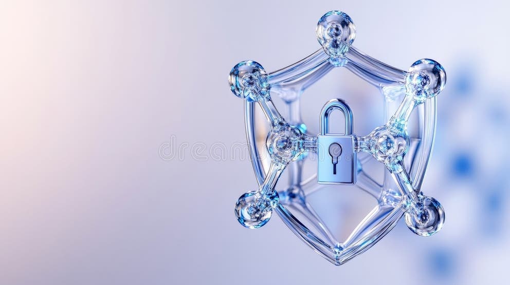 Network Security Concept Represented by a Translucent Geometric Shield with a Central Lock ...