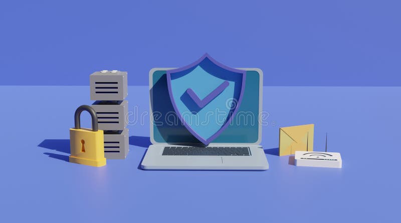 Network Security Concept with Secure Badge and Server Computer . 3d ...