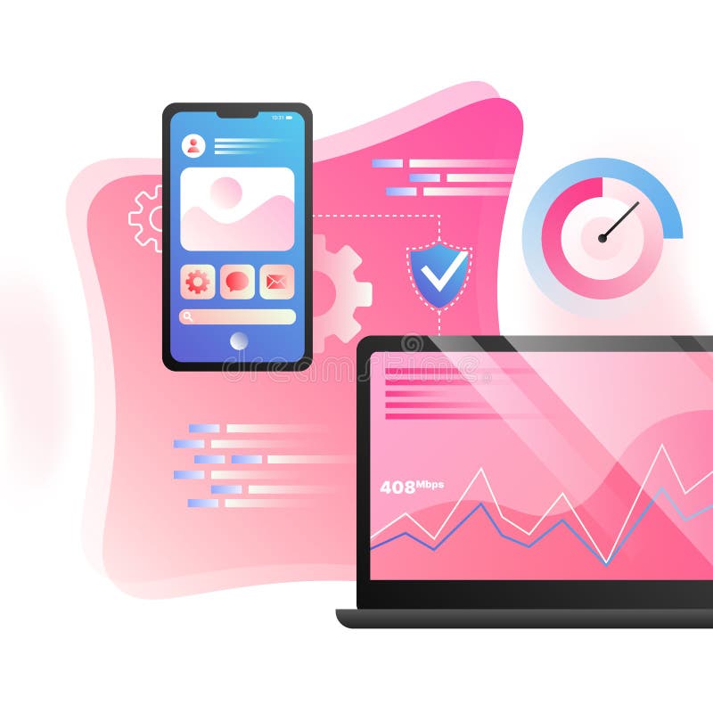 Network Security Illustration. Pink Detailed Elements, VPN, Laptop ...