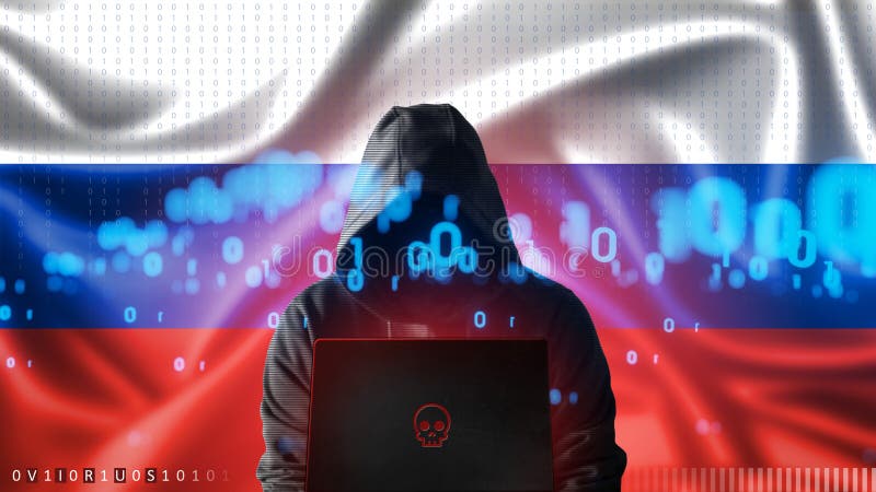 Cyber Threat from Russia. Russian Hacker at the Computer, on a ...