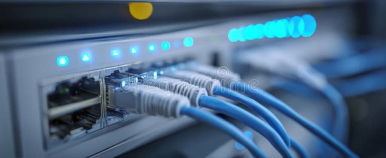 The Network Server with Blue Ethernet Cables and Glowing Indicators. AI ...