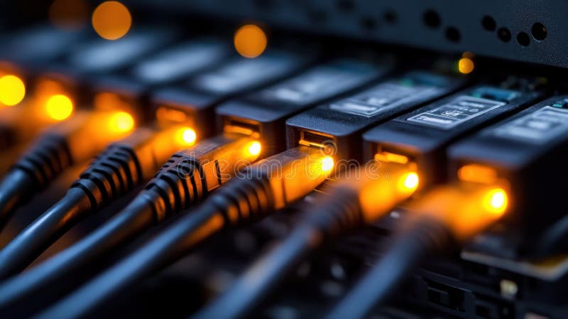 Network Server Cables Data Flow and Connection in a Server Rack with ...