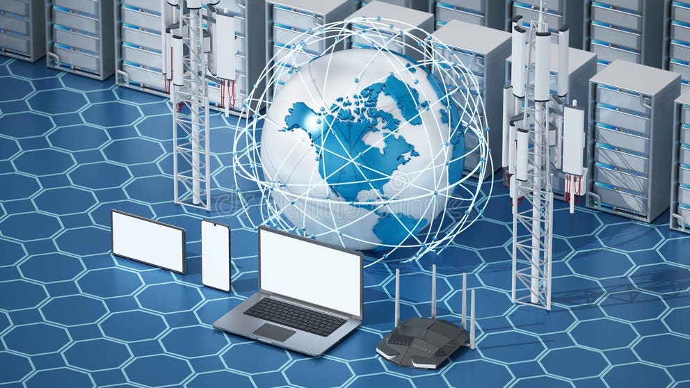 Network Server Concept with a Globe,receivers and Electronic Devices ...