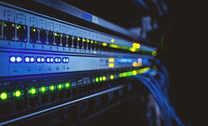 Network Server Equipment with Cables and Flashing Lights in a Server ...