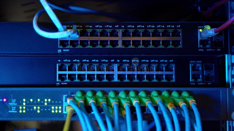 Network Server Panel with Switch and Patch Cord Cables in Data Room ...