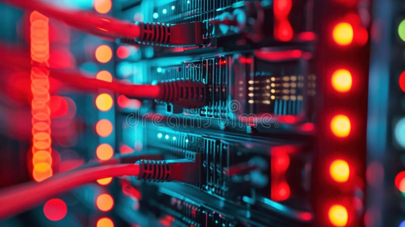 Network Server Rack with Blinking Lights and Connected Cables Providing ...